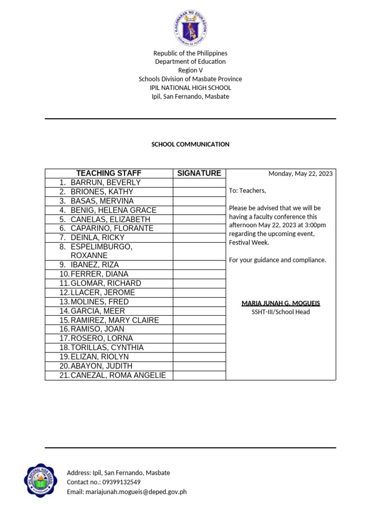 SCHOOL COMMUNICATION Inhs | PDF