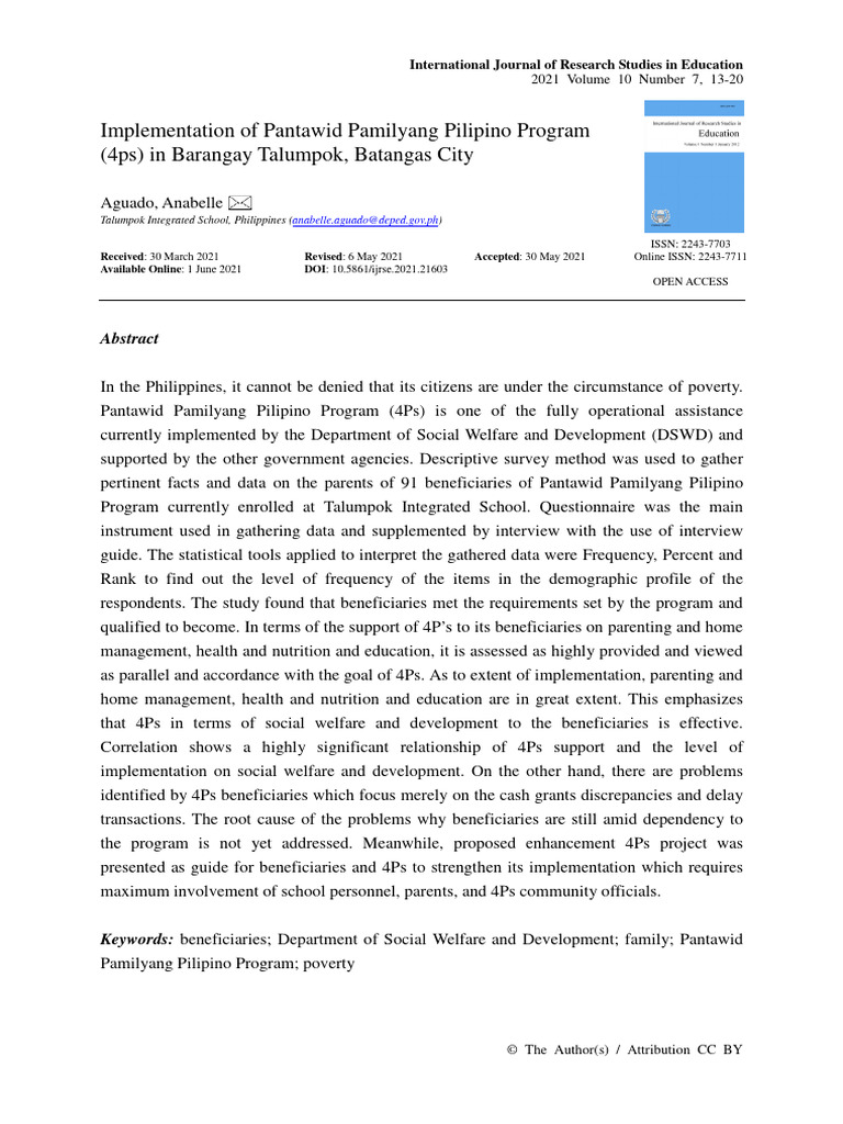 Implementation of Pantawid Pamilyang Pilipino Prog | PDF | Poverty ...
