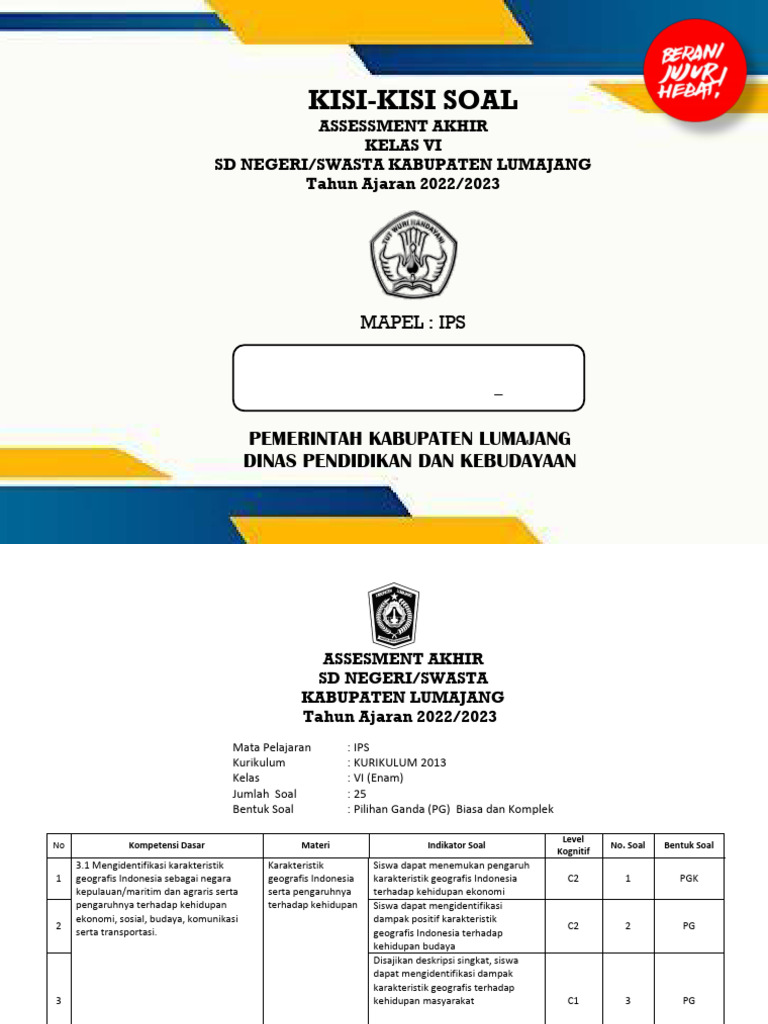 Kisi-Kisi Kelas 6 | PDF
