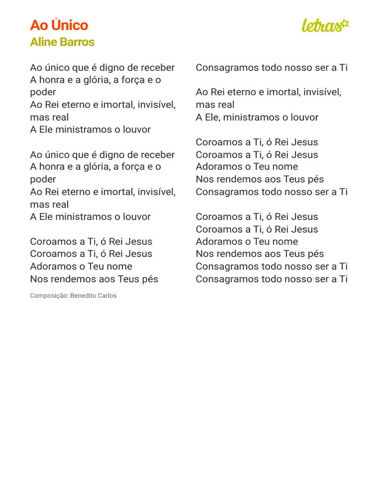 Letra de "Ao Único" - Aline Barros | PDF