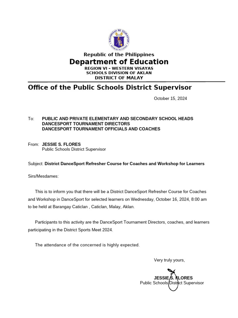DISTRICT-LETTER-FOR-REFRESHER-COURSE-DANCESPORT Signed | PDF | Wellness