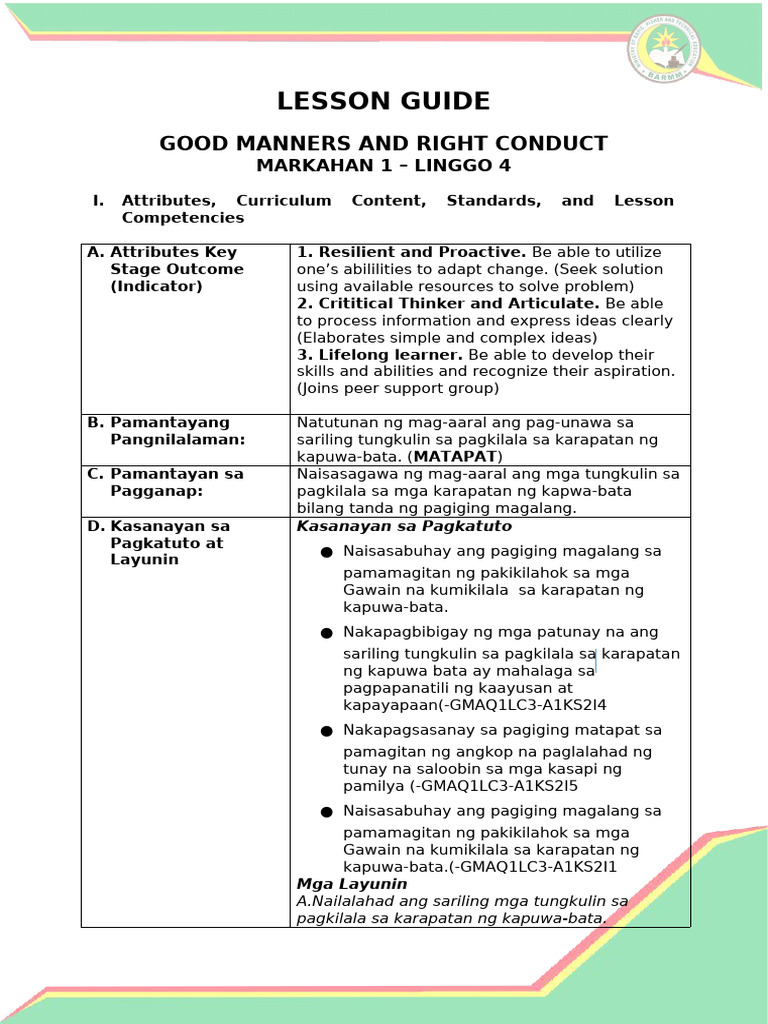 Lesson Guide: Good Manners and Right Conduct | PDF