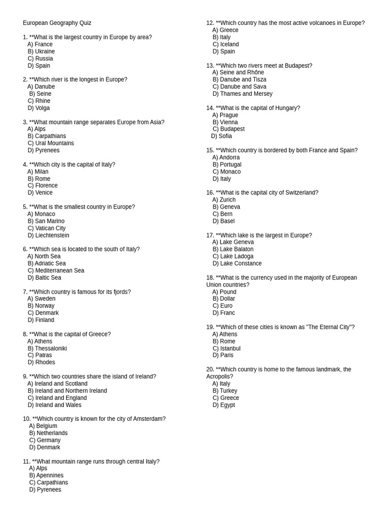 European Geography Quiz | PDF | Europe | Danube
