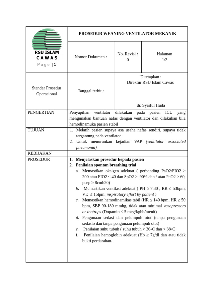 Sop (Weaning Ventilator) | PDF