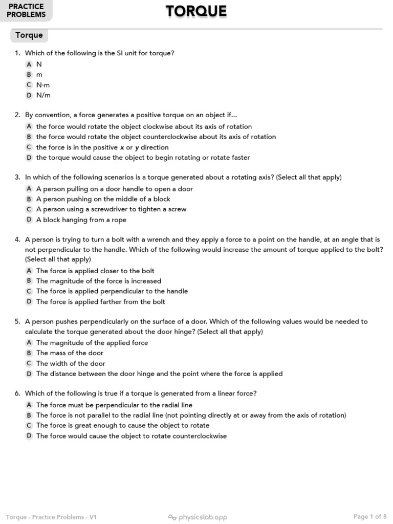 Torque Practice Problems | PDF | Force | Torque