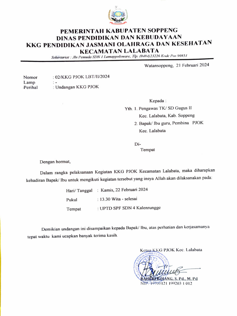 Undangan KKG PJOK BLN 2 | PDF