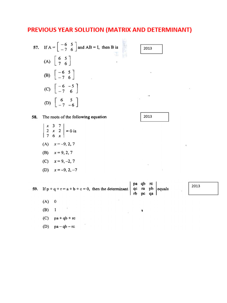 Math Previous Yrs Ques (Matrix & Determiner | PDF