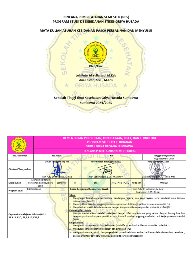 RPS Askeb Pasca Persalinan Dan Menyusui 2024-2025 | PDF | Karier ... RPS Askeb Pasca Persalinan Dan Menyusui 2024-2025 | PDF | Karier ...