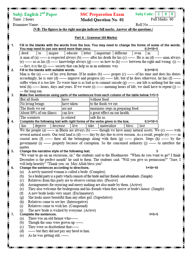 English 2nd Paper - Model Question | PDF | Galileo Galilei | Literacy