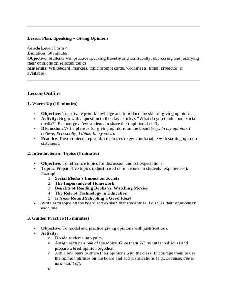 Lesson Plan - Speaking (Share Opinion) | PDF | Lesson Plan | Pedagogy
