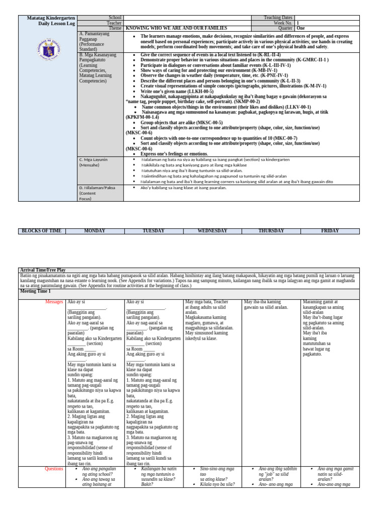 Kindergarten-DLL-MATATAG-Q1-Week 1 | PDF