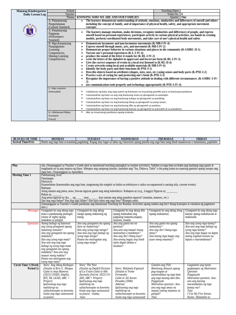 Kindergarten-DLL-MATATAG-Q1-Week 6 | PDF