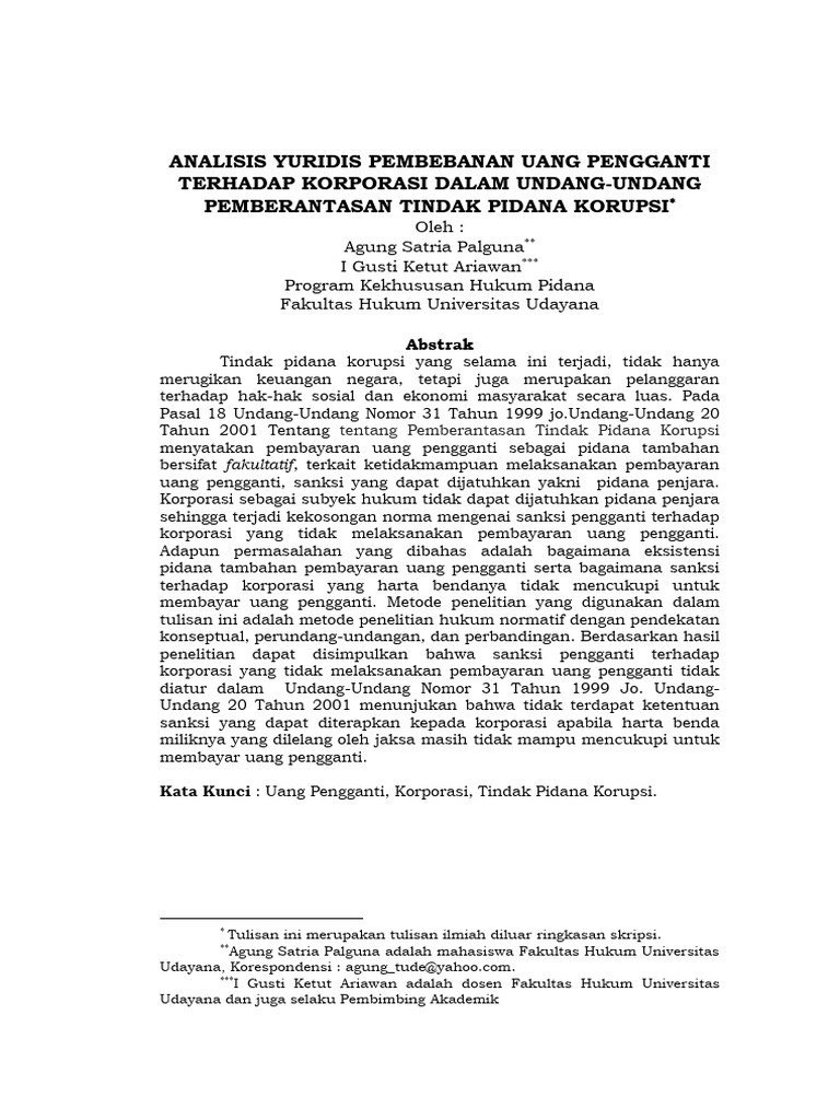 Analisis Yuridis Pembebanan Uang Pengganti Terhadap Korporasi Dalam Undang-Undang Pemberantasan ...