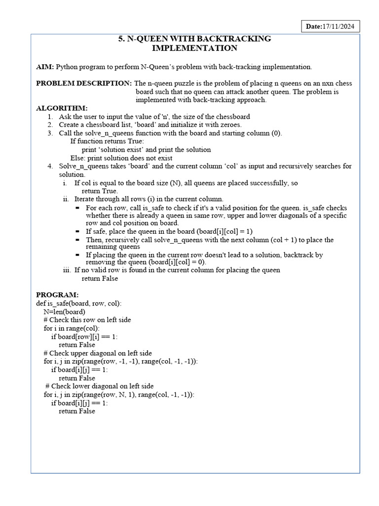 5.n-Queen With Backtracking Implementation | PDF | Computer Science | Mathematical Logic