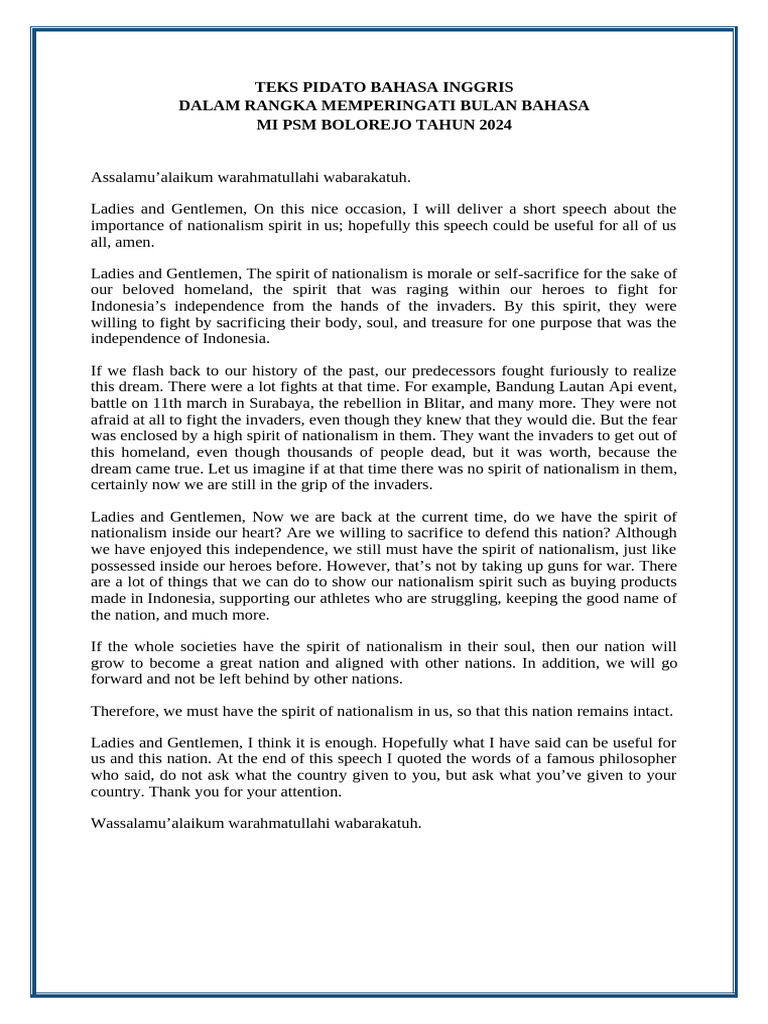 Teks Pidato Bahasa Inggris 2024 | PDF