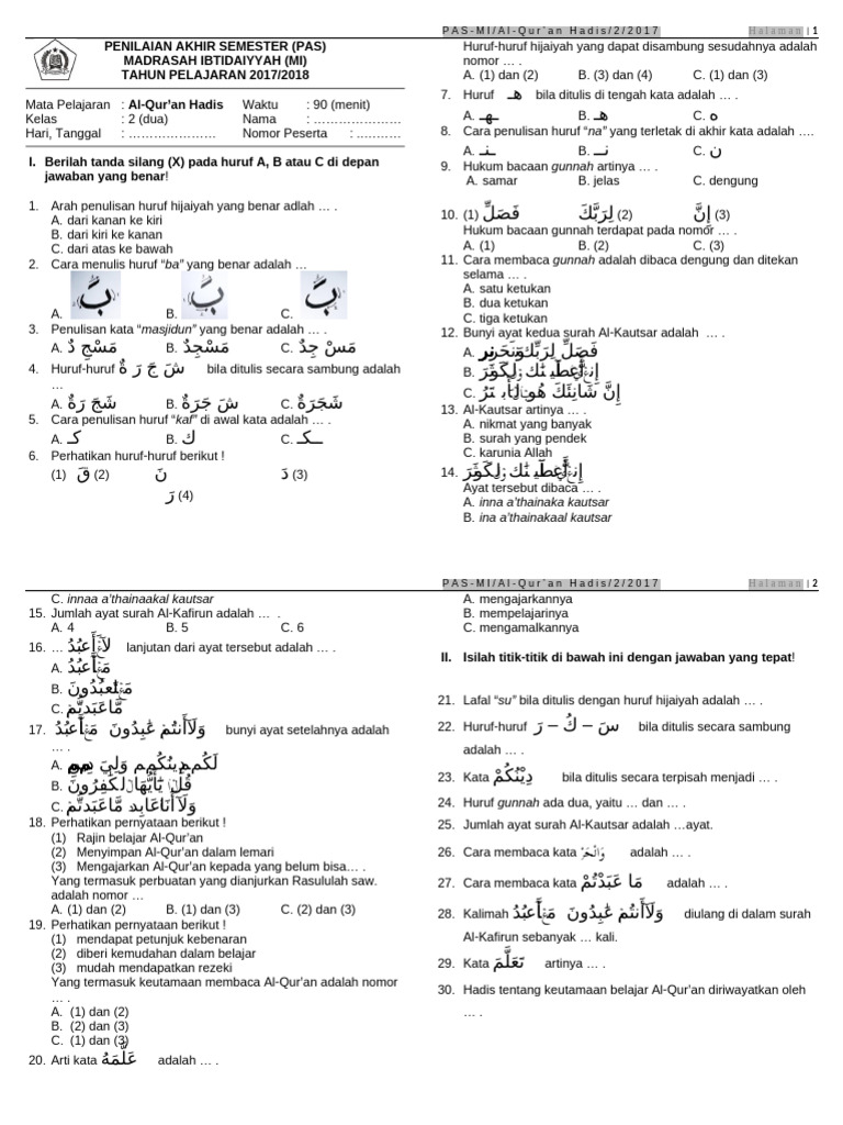 1b. Kelas 2, Qurdis, Soal PAS, 2017 | PDF
