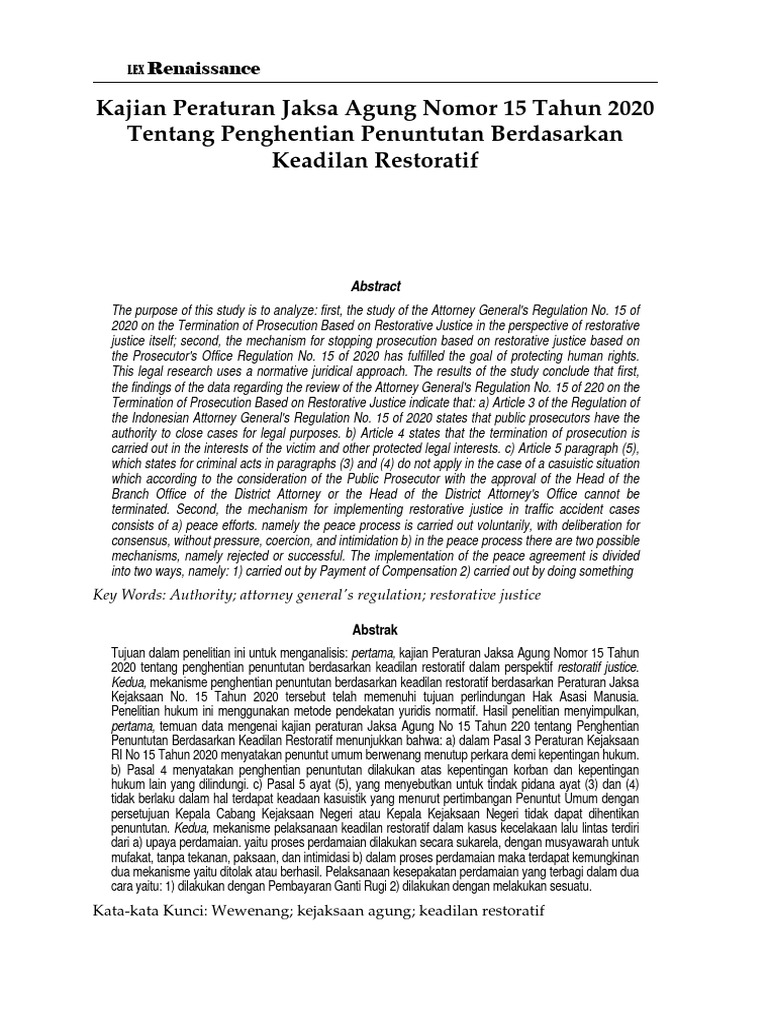 Kajian Peraturan Jaksa Agung Nomor 15 Tahun 2020 Tentang Penghentian Penuntutan Berdasarkan ...