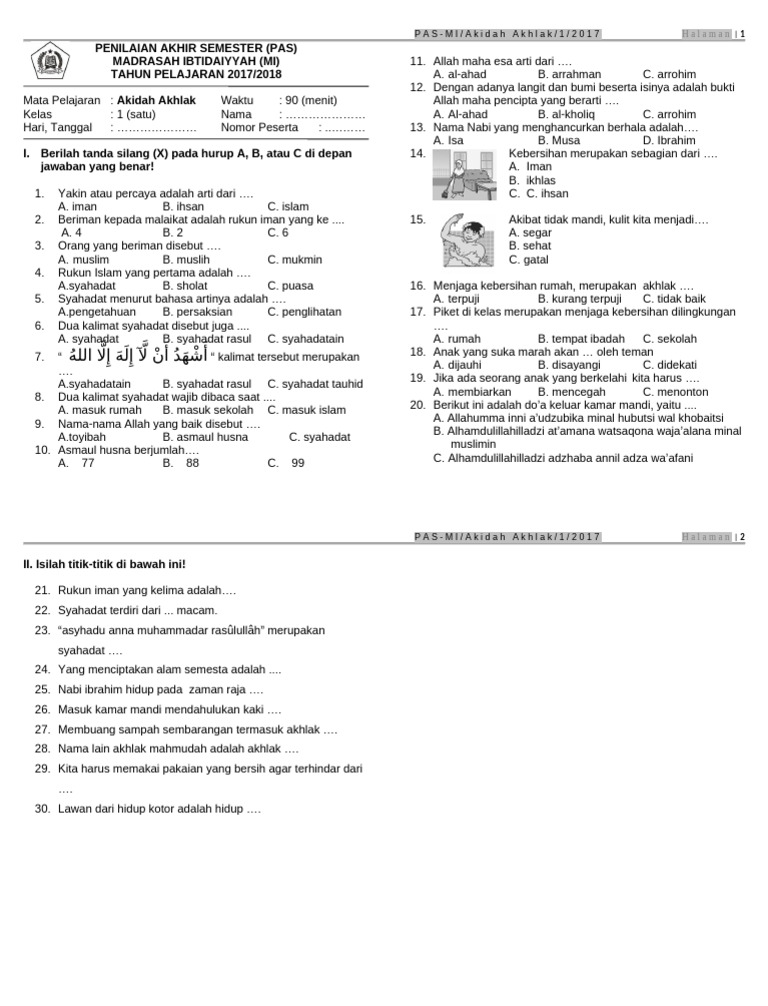 2b. Kelas 1, Akidah, Soal PAS, 2017 | PDF