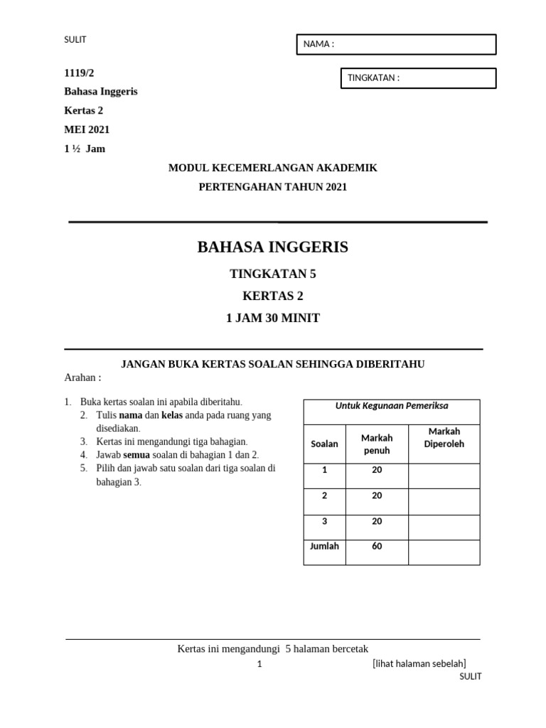 Bahasa Inggeris: 1119/2 Bahasa Inggeris Kertas 2 MEI 2021 1 Jam Modul Kecemerlangan Akademik ...