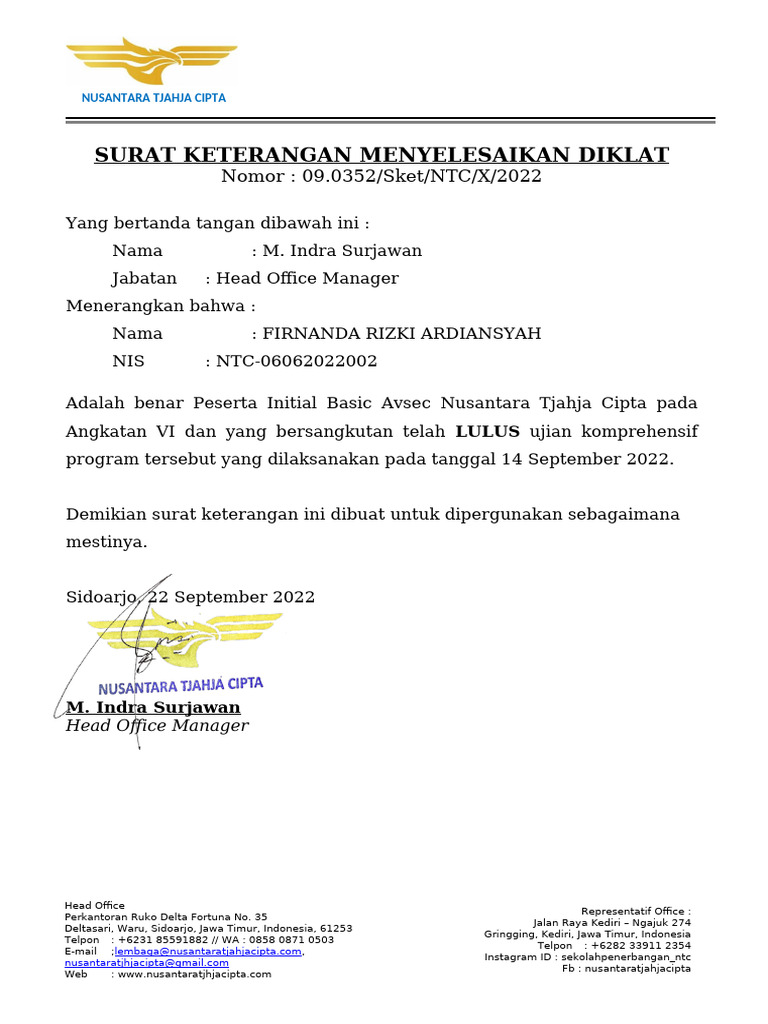 Sertifikat Lulus Diklat Avsec NTC | PDF