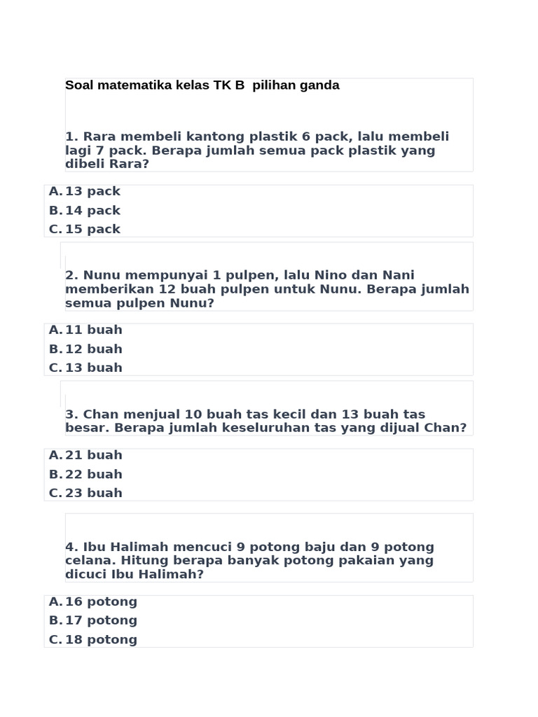 Soal Matematika Kelas TK B Pilihan Ganda | PDF