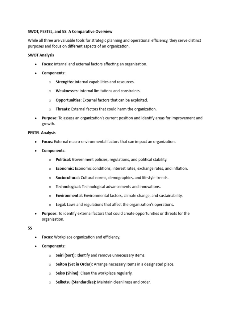 SWOT, PESTEL, and 5S - A Comparative Overview | PDF | Swot Analysis ...