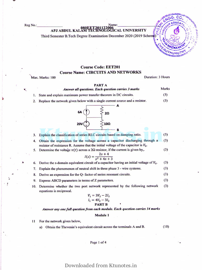 Eet201 Circuits and Networks, December 2020 | PDF | Electrical Network | Capacitor