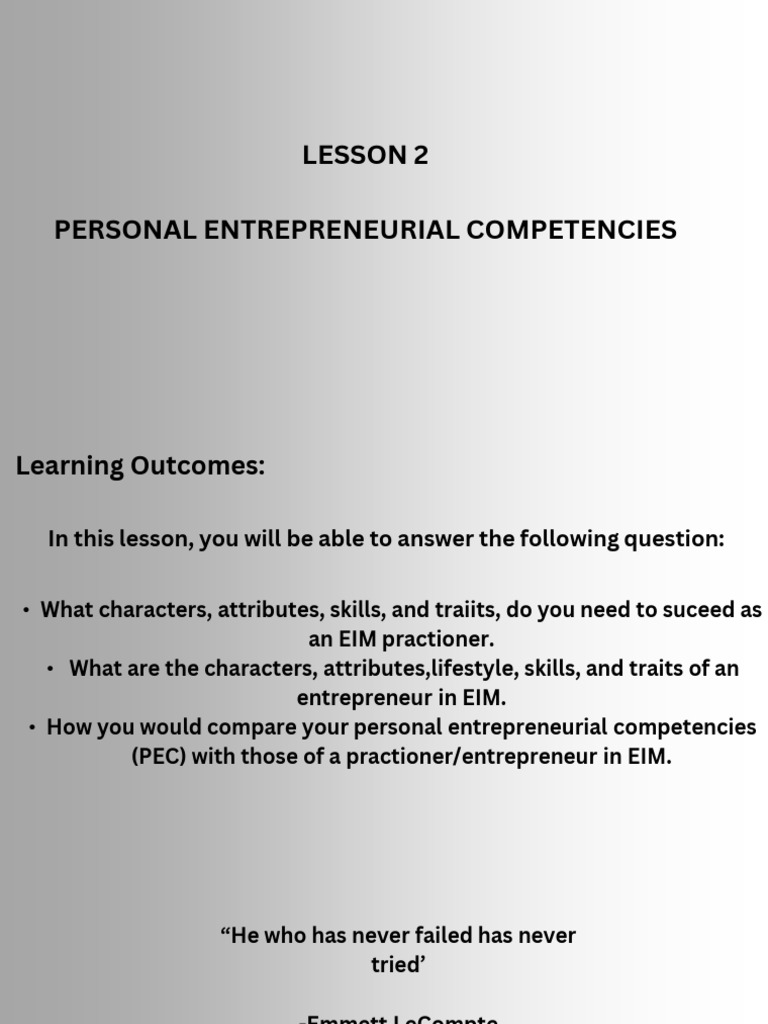 Lesson 2 Personal Entrepreneurship Competencies | PDF | Entrepreneurship | Procedural Knowledge