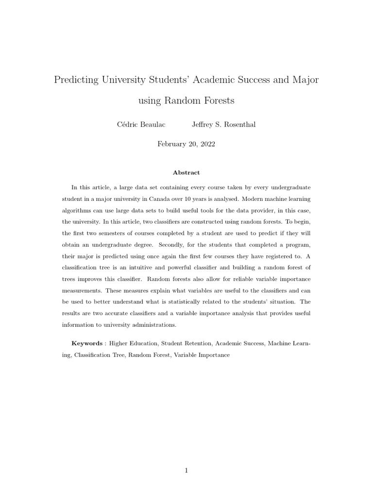 Predicting University Students Academic Success and Majorusing Random Forests - 2022 | PDF ...