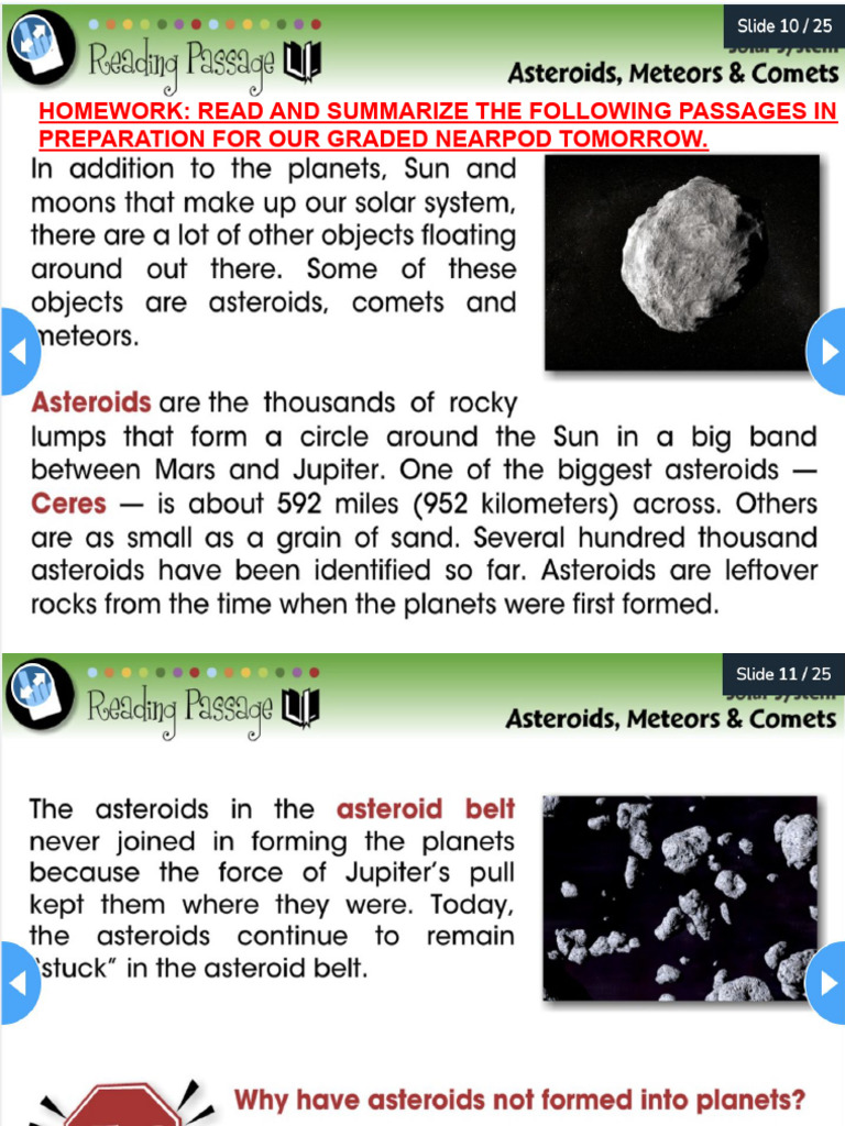 Comet Meteor and Asteroid Reading Passage | PDF