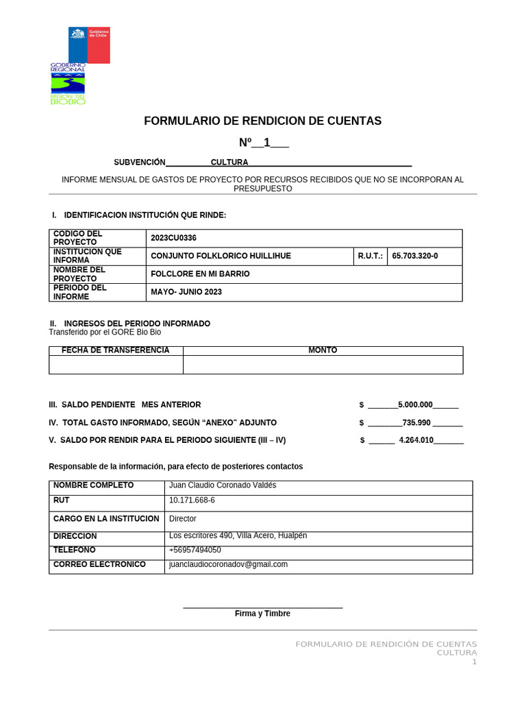 Anexo 1 Formulario Rendicion de Cuentas | PDF