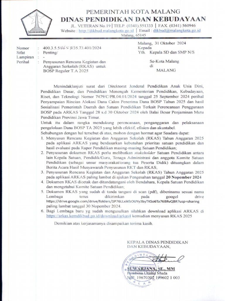 Surat Pemberitahuan Tentang Penyusunan Rkas Dana Bosp Tahun 2025 | PDF