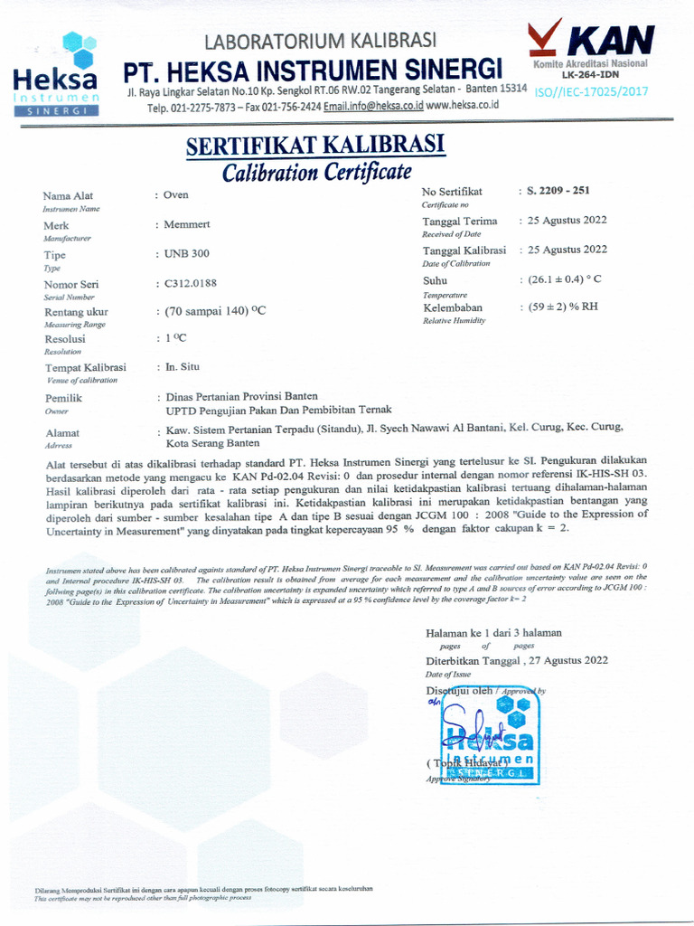 Sertfikat Kalibrtasi Oven Memmert Unb300 C312 | PDF
