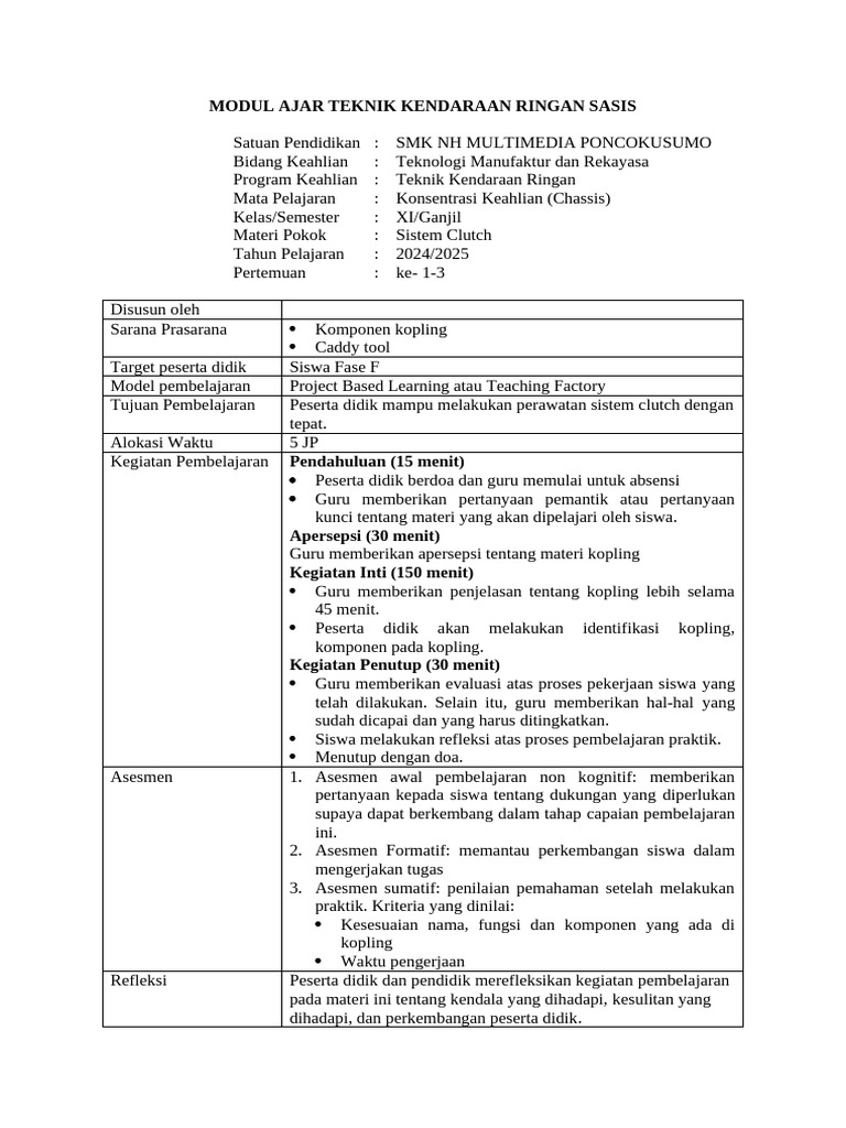 Modul Ajar Sasis Clucth NH | PDF
