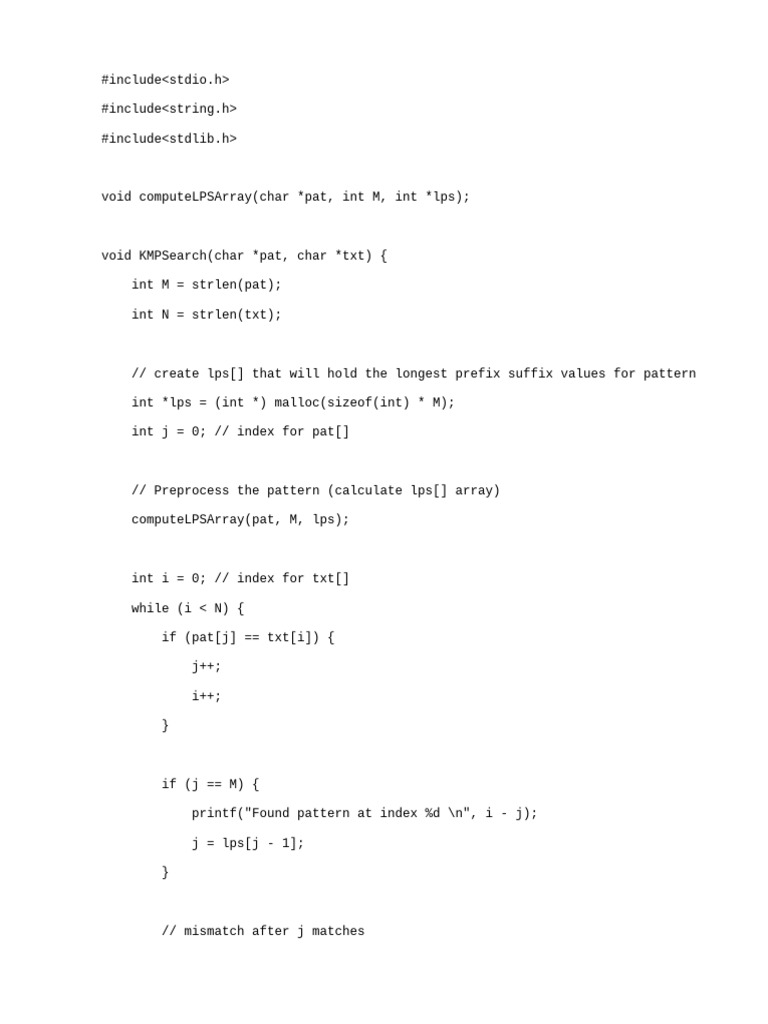 KMP Algorithm Implementation in C | PDF