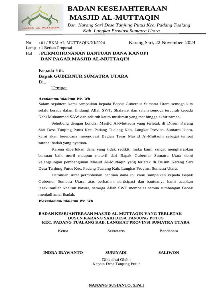 Permohonan Dana Renovasi Masjid | PDF