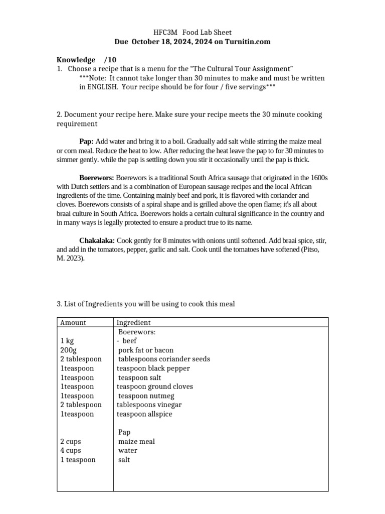 Cultural Cooking Assignment Guide | PDF | Meal | Teaspoon