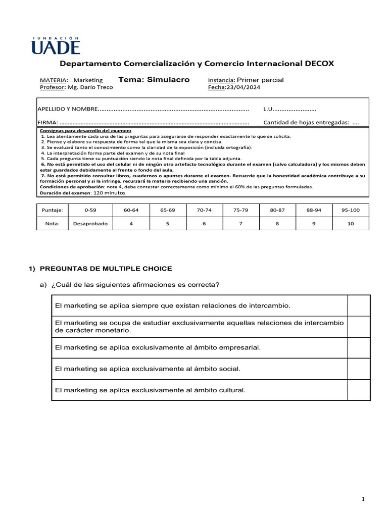 Primer Parcial Simulacro | PDF | Marketing