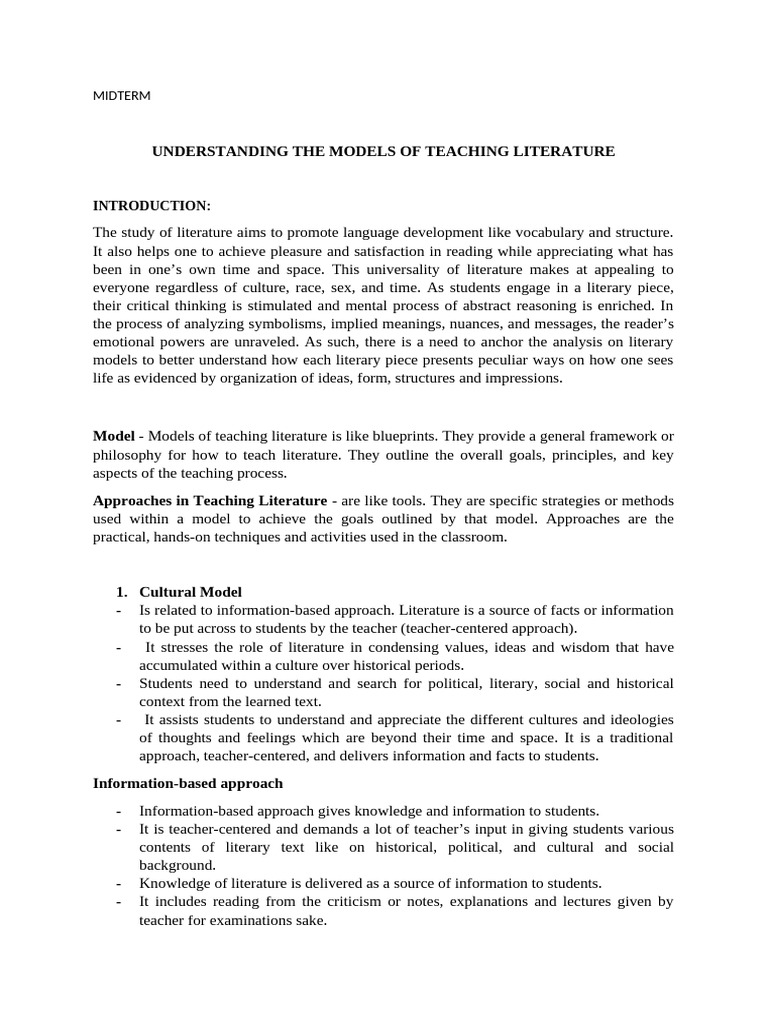 Midterm Understanding The Models of Teaching Literature | PDF | Information | Experience