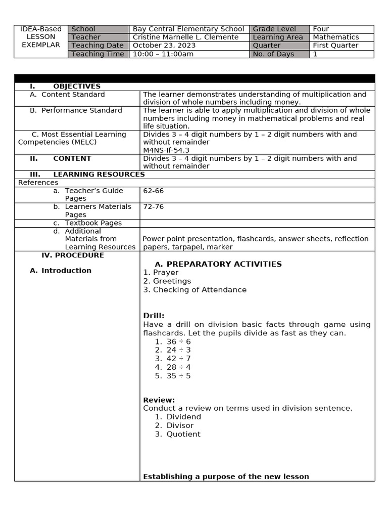 1stQ COT MATH | PDF | Division (Mathematics) | Mathematics