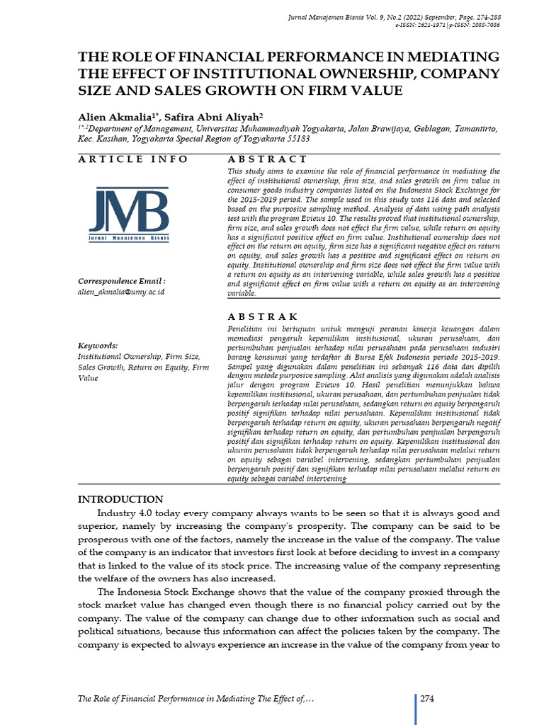 The Role of Financial Performance in Mediating The Effect of Institutional Ownership, Company ...