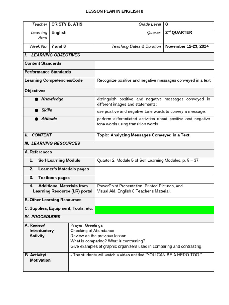 Lesson Plan 8 - Negative and Positive Messages Conveyed in Text | PDF ...