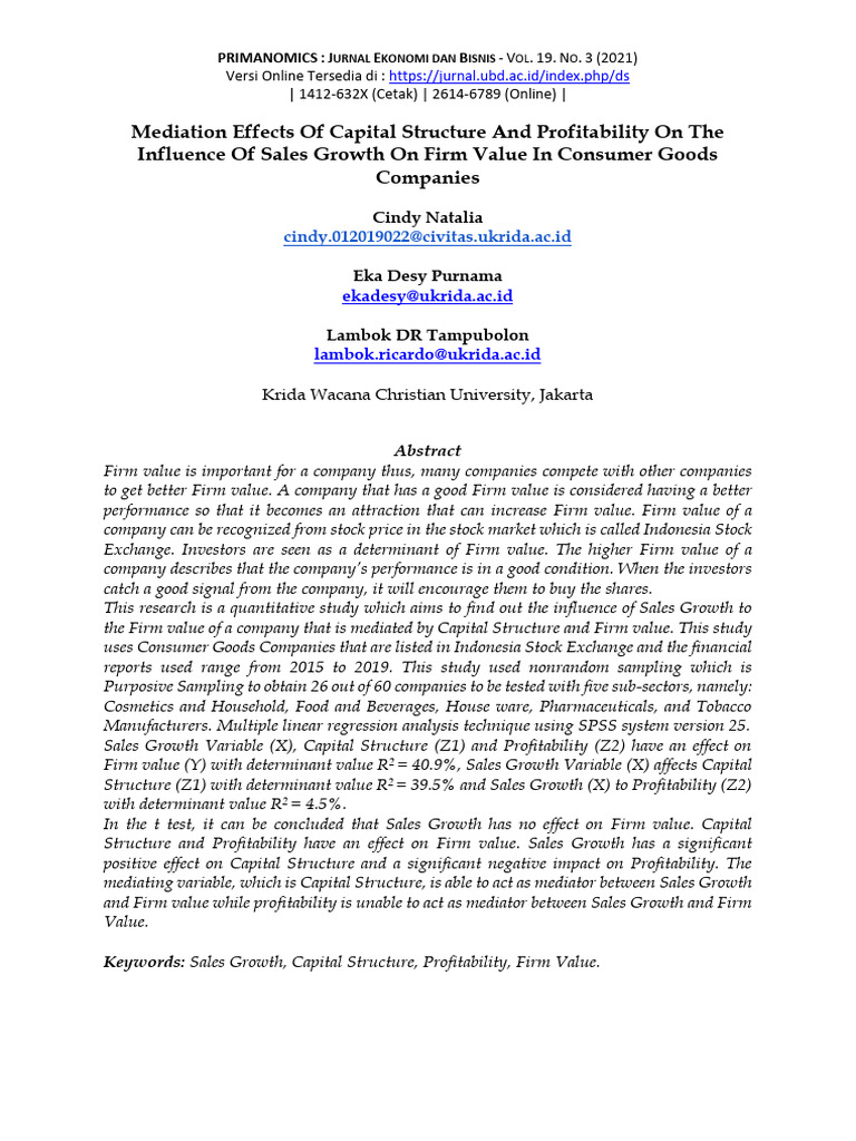 Mediation Effects of Capital Structure and Profitability On The Influence of Sales Growth On ...