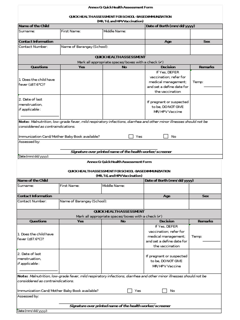 Quick Health Assessment Tool 2 | PDF | Diseases And Disorders | Vaccination
