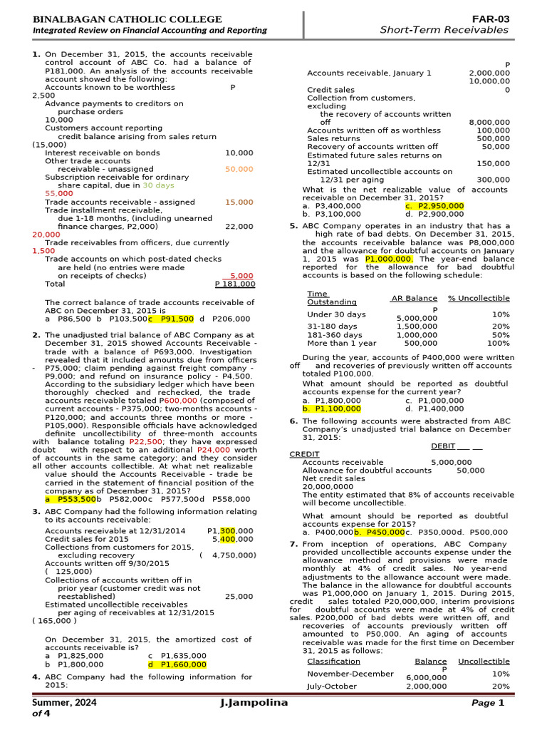 FAR 03 Short Term Receivables | PDF | Bad Debt | Debits And Credits