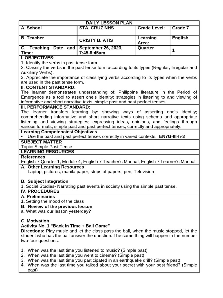 Grade 7 English Lesson Plan | PDF | Philippines | Grammatical Tense