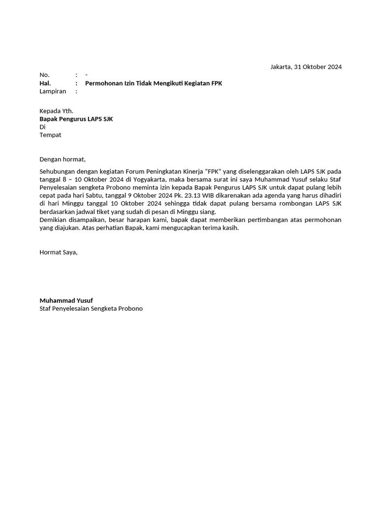 Contoh Pemohonan Surat Izin Tidak Mengikuti Kegiatan | PDF