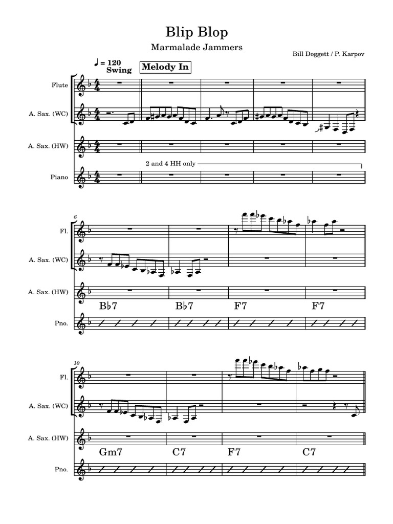 Blip Blop - 3 Horns-Score - and - Parts | PDF | Musical Instruments | Music Technology