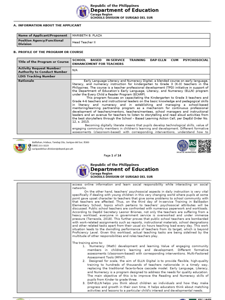 Inset Training Design - Balibadon ES | PDF | Teachers | Learning