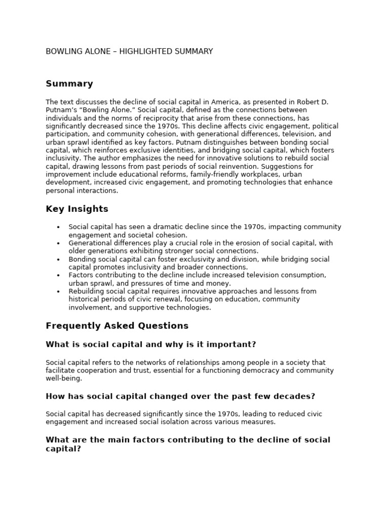Bowling Alone - Highlighted Summary | PDF | Social Capital | Civic ...